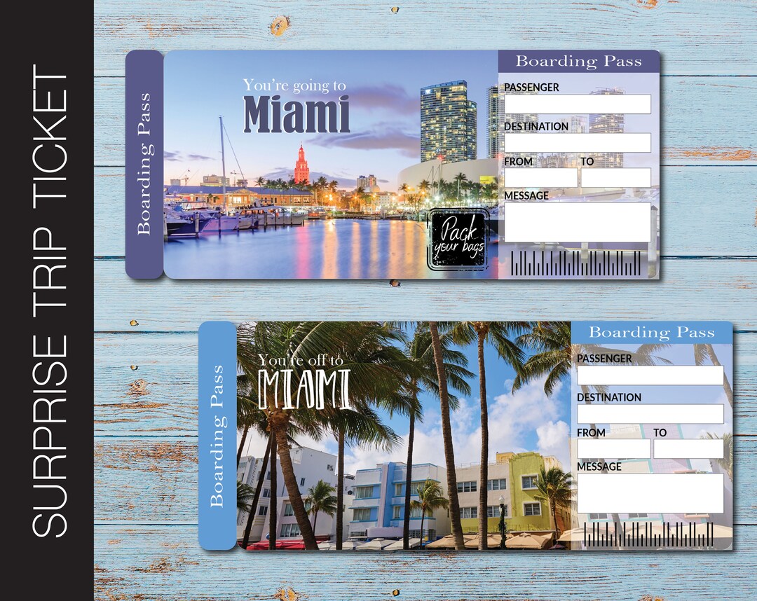 Printable MIAMI Surprise Trip Gift Ticket. Boarding Pass. Printable ...