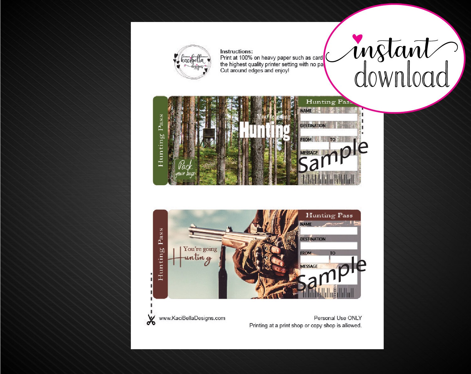Printable HUNTING Surprise Trip Tickets. Vacation Ticket. Boarding Pass ...