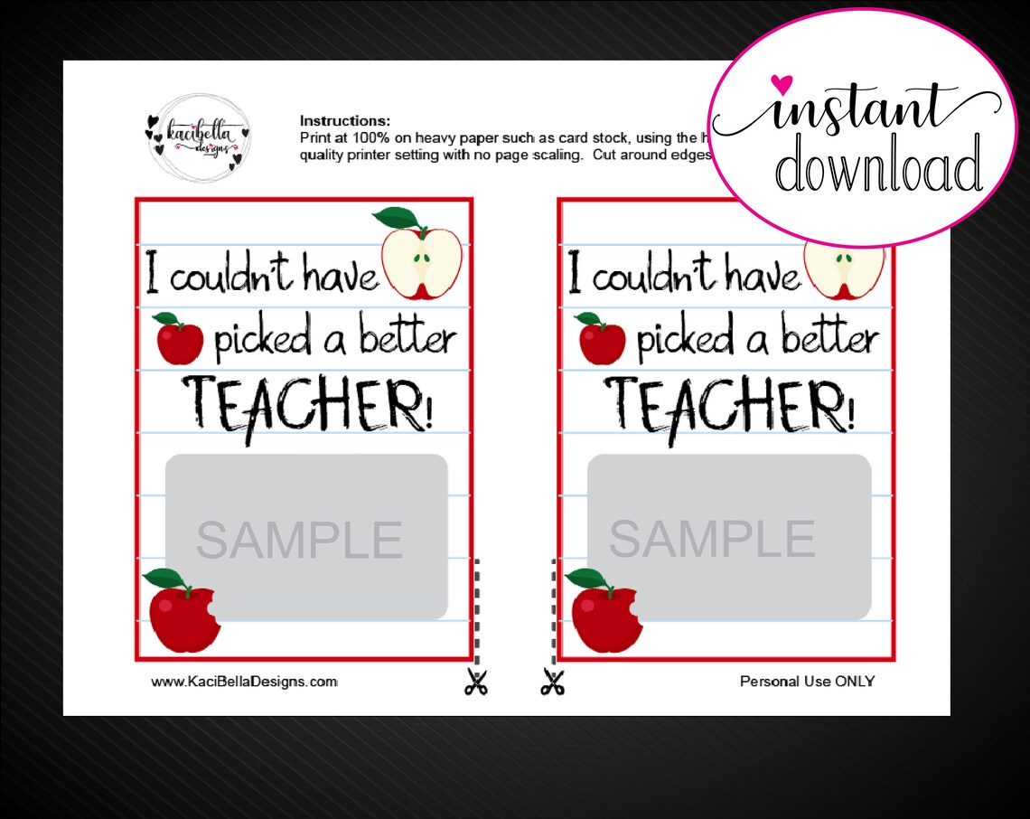 Printable TEACHER APPRECIATION Gift Card Holder. I Couldn't Have Picked ...