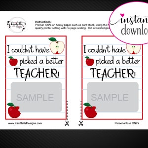 Printable TEACHER APPRECIATION Gift Card Holder. I Couldn't Have Picked ...