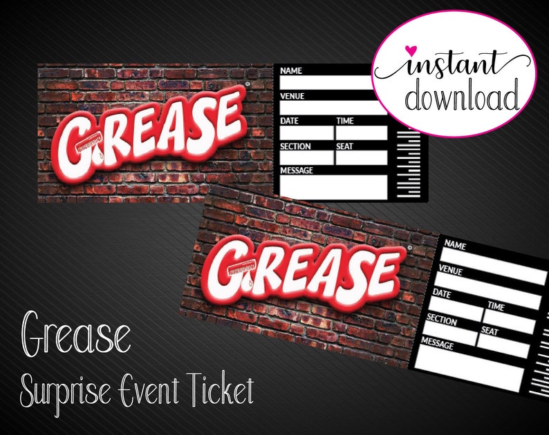 Printable GREASE Broadway Surprise Ticket. Editable Musical Theatre ...