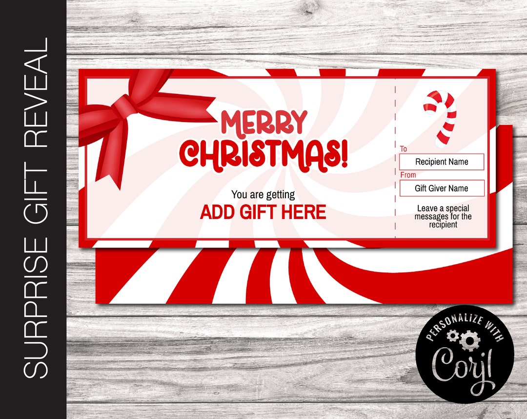 DIY Editable Holiday Surprise Gift Reveal Coupon. Last Minute. Ticket ...