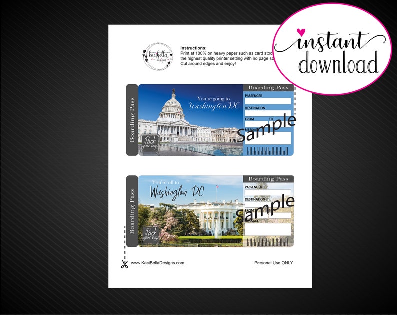 Printable WASHINGTON DC Surprise Trip Gift Ticket. Boarding Pass ...