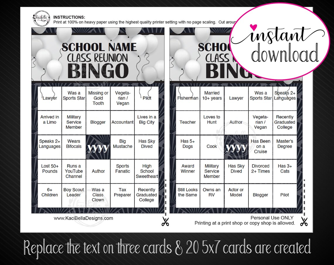 Printable CLASS REUNION Bingo Game | 40 Print-ready or Editable PDF ...