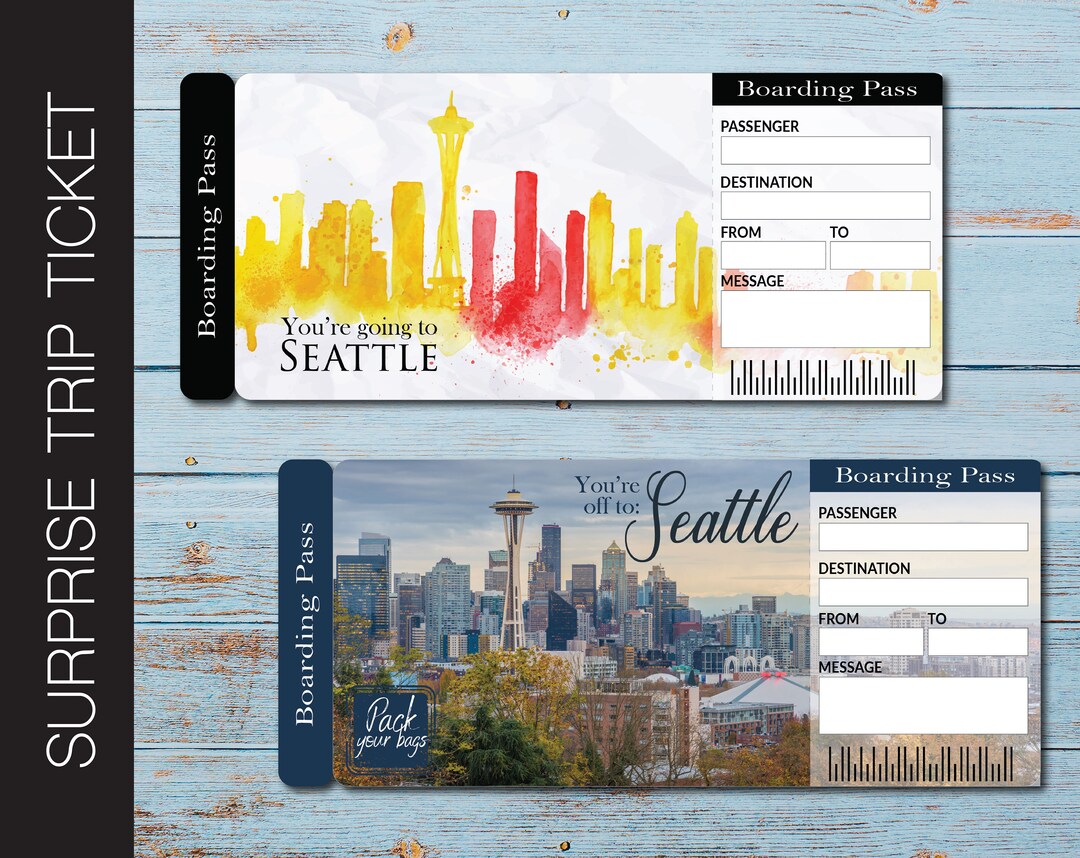 Printable SEATTLE Surprise Trip Gift Ticket. Boarding Pass. Trip Ticket ...