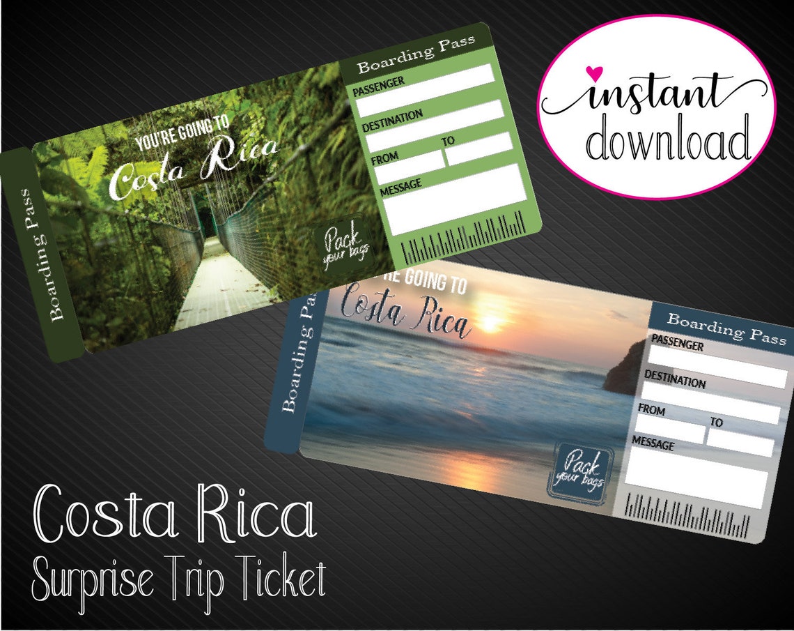 Printable COSTA RICA Surprise Trip Gift Ticket. Boarding Pass. Trip ...