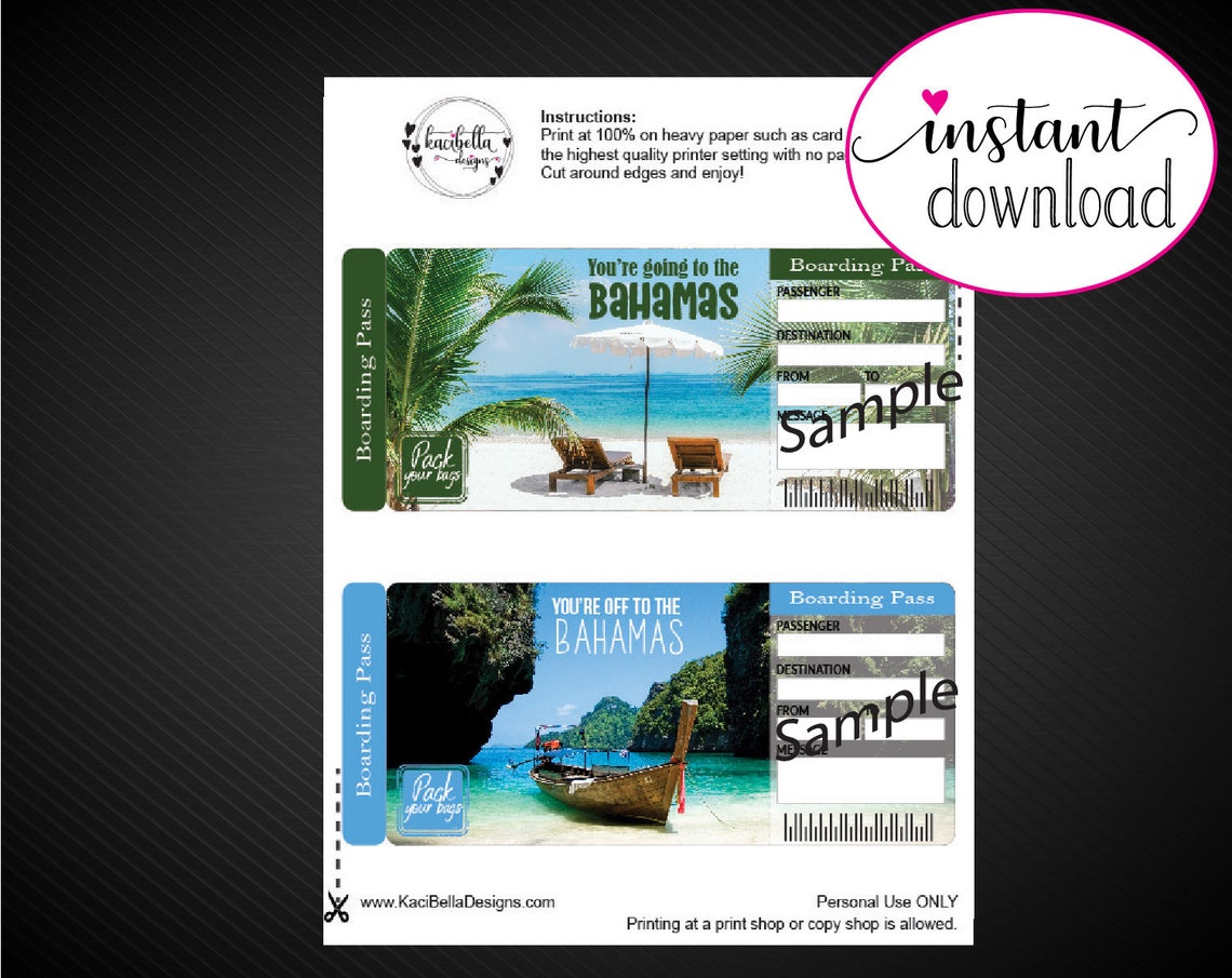 Printable BAHAMAS Surprise Trip Gift Ticket. Boarding Pass. Ticket ...