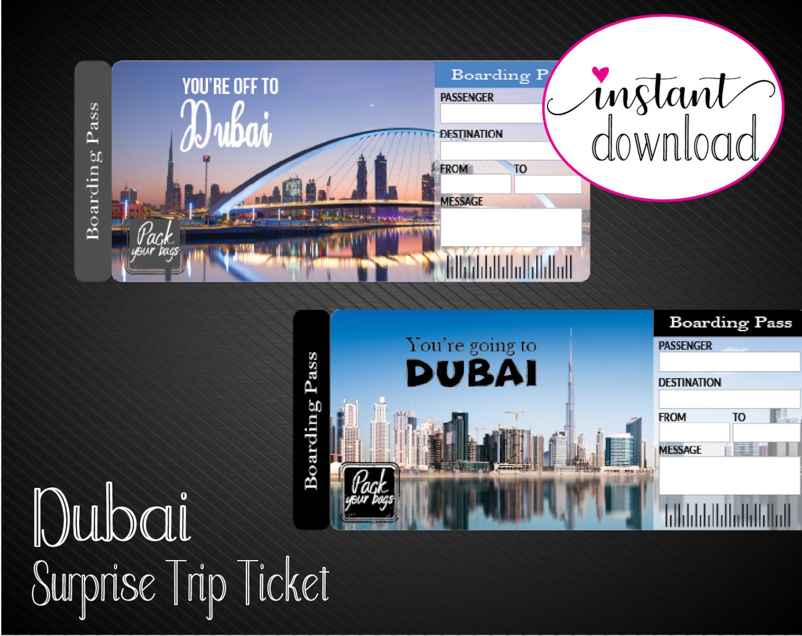 Printable DUBAI Surprise Trip Gift Ticket. Boarding Pass. Ticket Trip ...