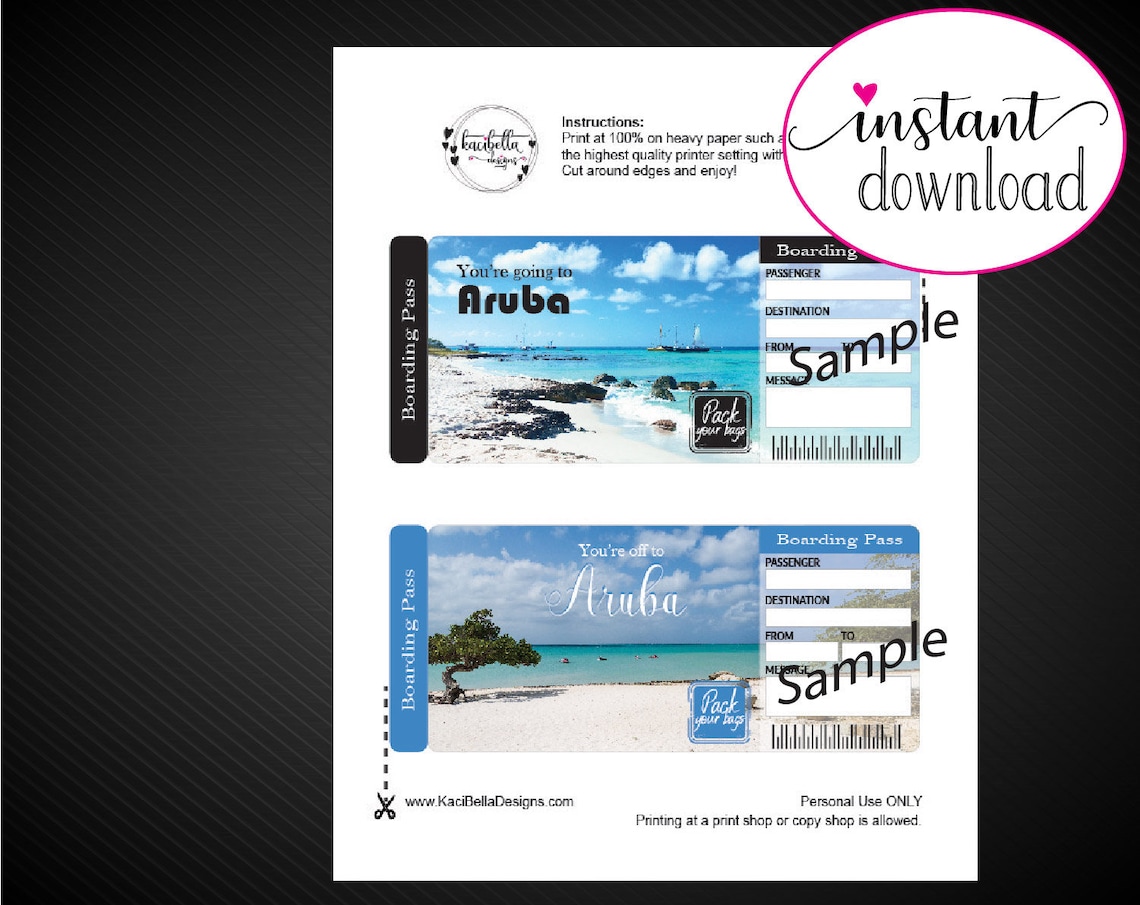 Printable ARUBA Surprise Trip Gift Ticket. Boarding Pass. Ticket. Trip ...