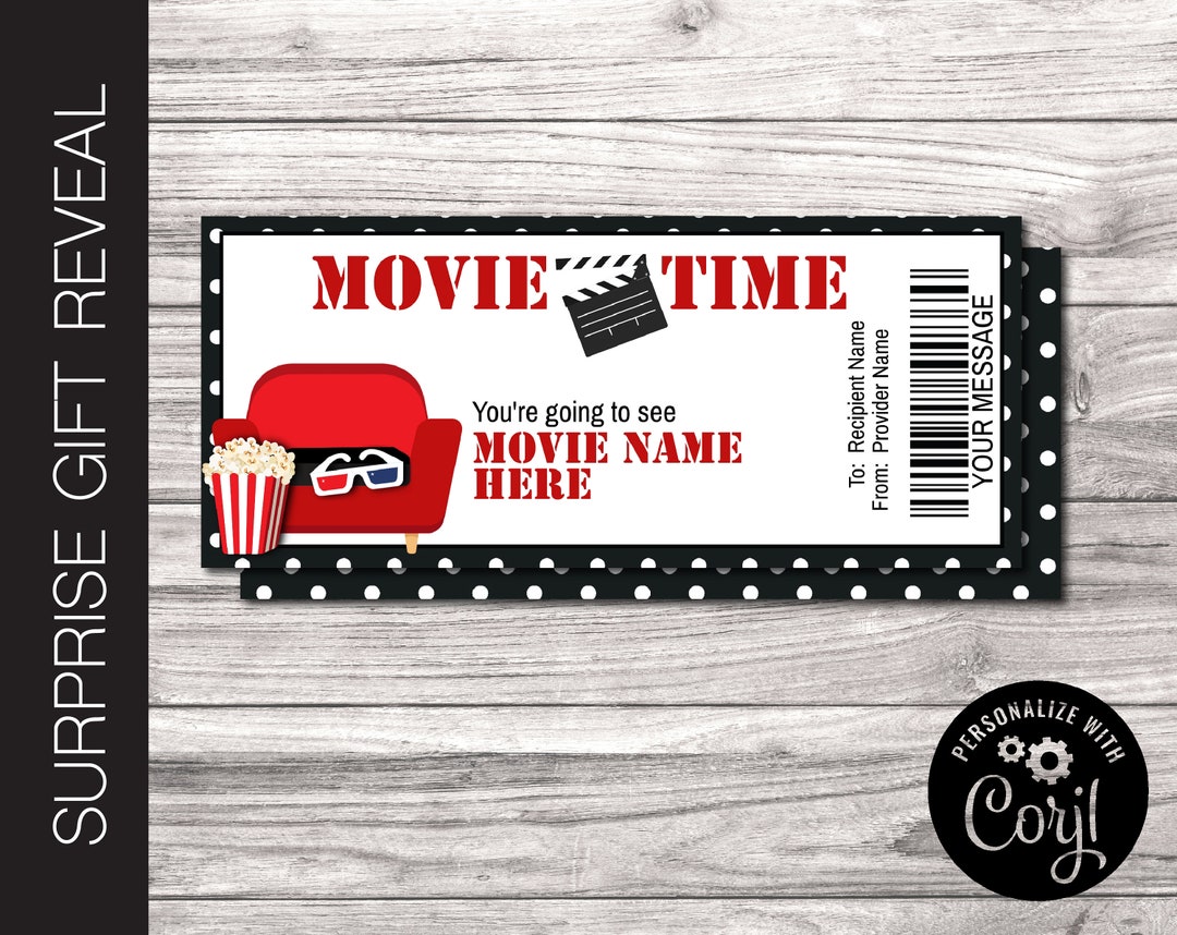 Editable MOVIE TICKET Surprise Gift Reveal Coupon. Subscription Ticket ...