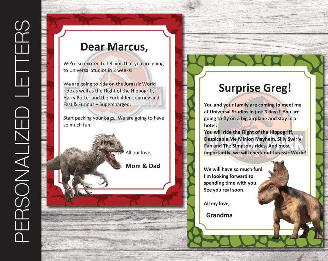 Printable JURASSIC Themed Personalized Letters for Surprise Trip ...