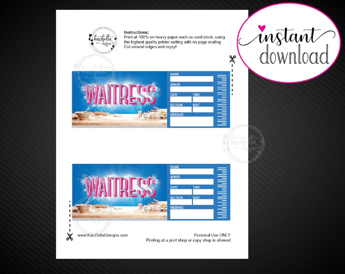 Printable WAITRESS Broadway Surprise Ticket. Editable Musical - Etsy
