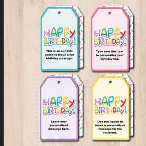 Editable HAPPY BIRTHDAY Themed Gift Tags. Double-sided Printable ...