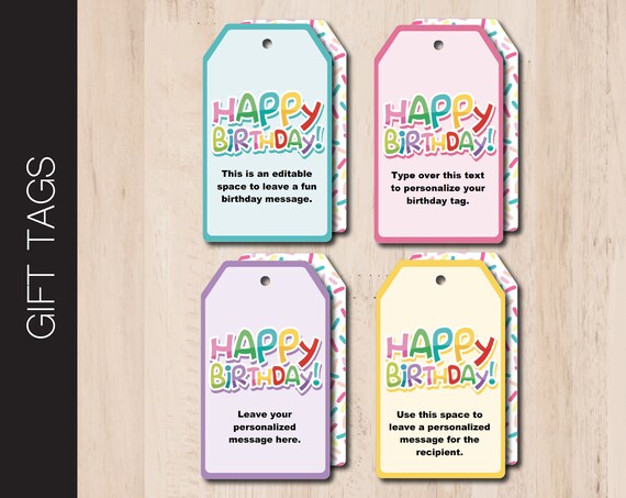 Editable HAPPY BIRTHDAY Themed Gift Tags. Double-sided - Etsy