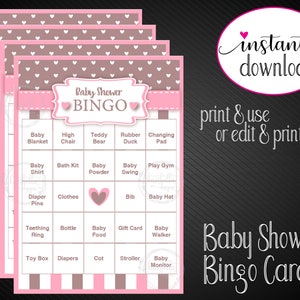 Printable BABY SHOWER Bingo Game. Pink and Brown Baby Girl. 40 Print ...