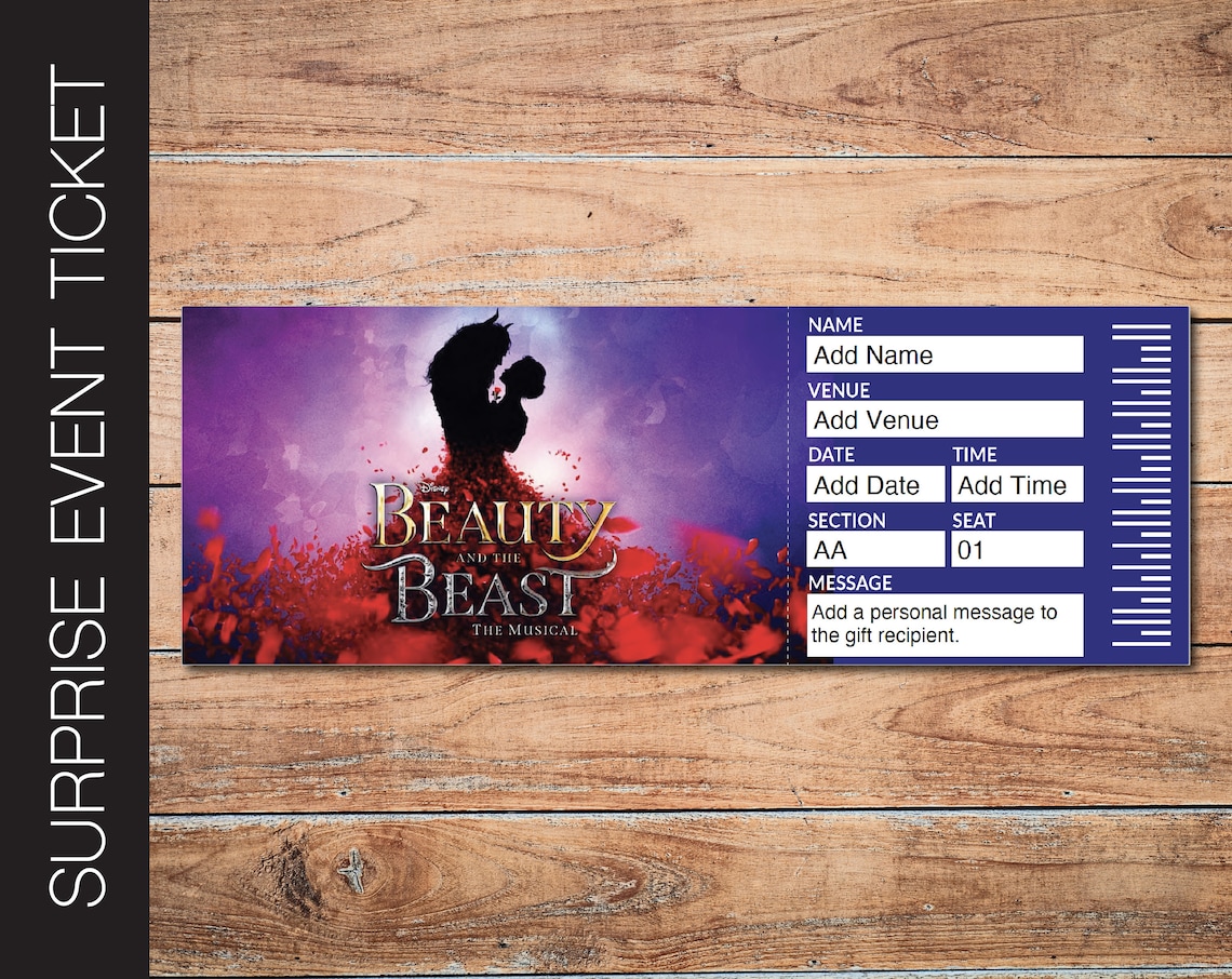 Printable BEAUTY BEAST Broadway Surprise Ticket. Editable - Etsy