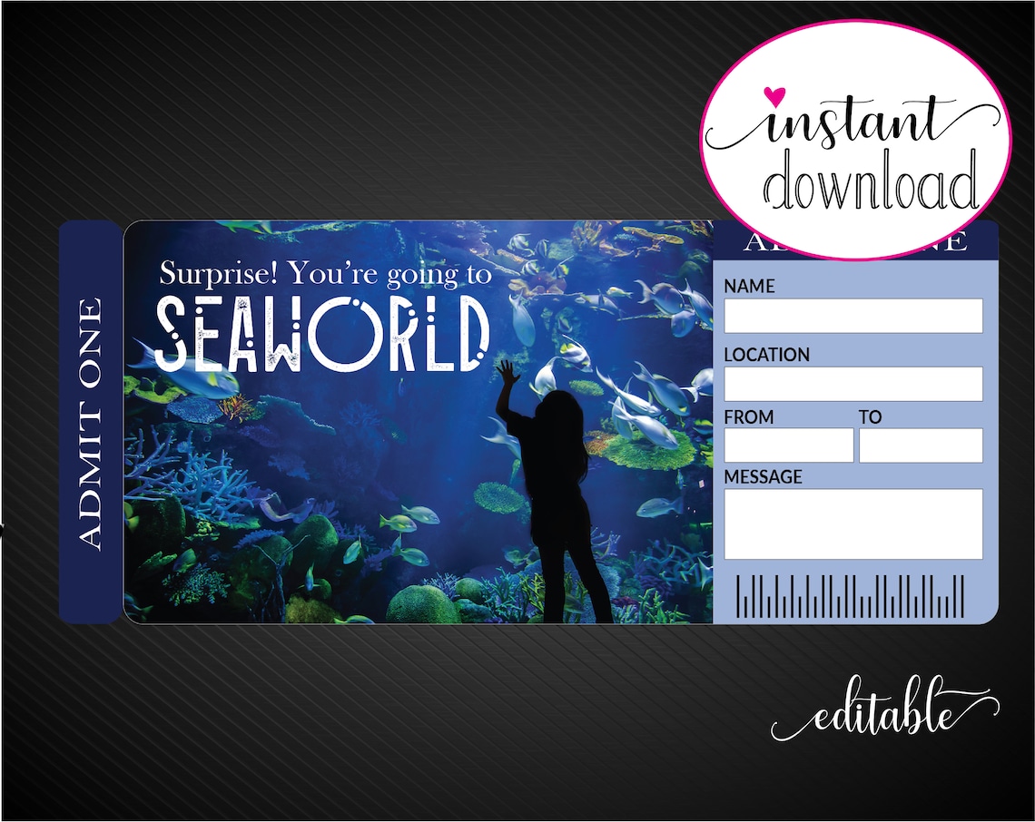 Printable SEAWORLD Surprise Trip Tickets. Vacation Ticket. Mock ...