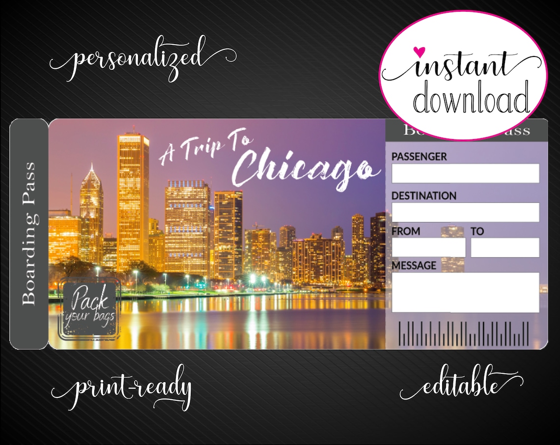 Printable CHICAGO Surprise Trip Gift Ticket. Boarding Pass. Trip Ticket ...