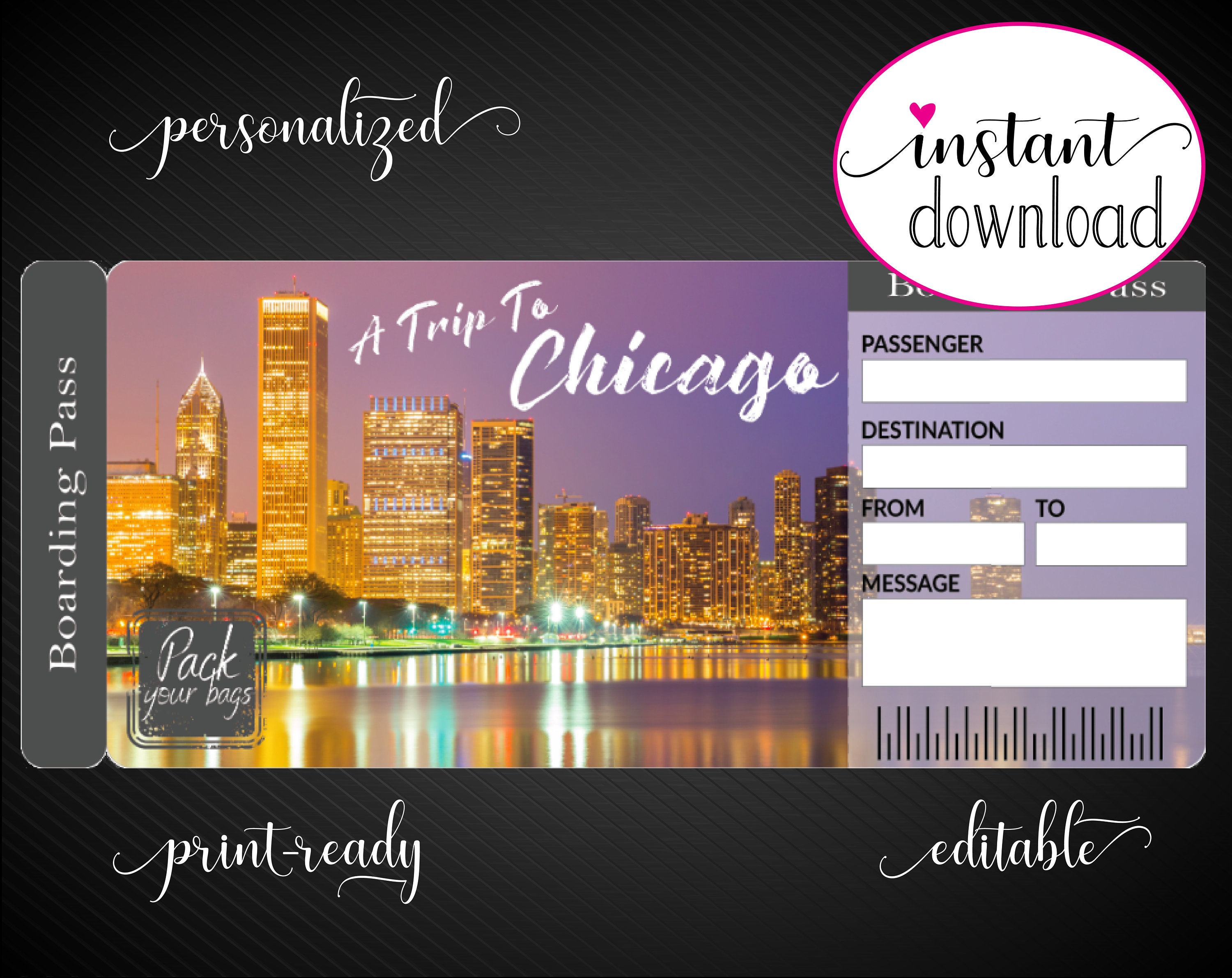 Printable CHICAGO Surprise Trip Gift Ticket. Boarding Pass. Trip Ticket ...