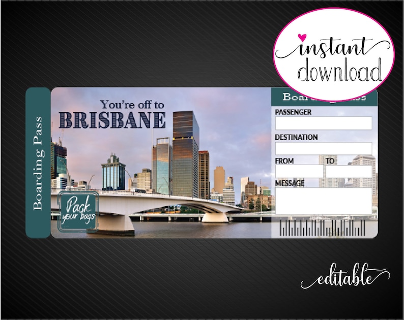 Printable BRISBANE Surprise Trip Gift Ticket. Boarding Pass. Printable ...