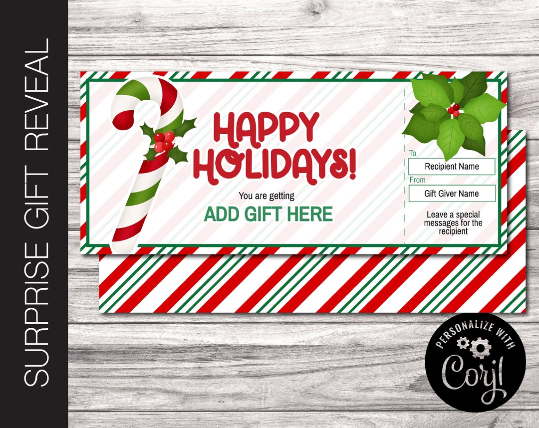 DIY Editable Holiday Surprise Gift Reveal Coupon. Last Minute. Ticket ...