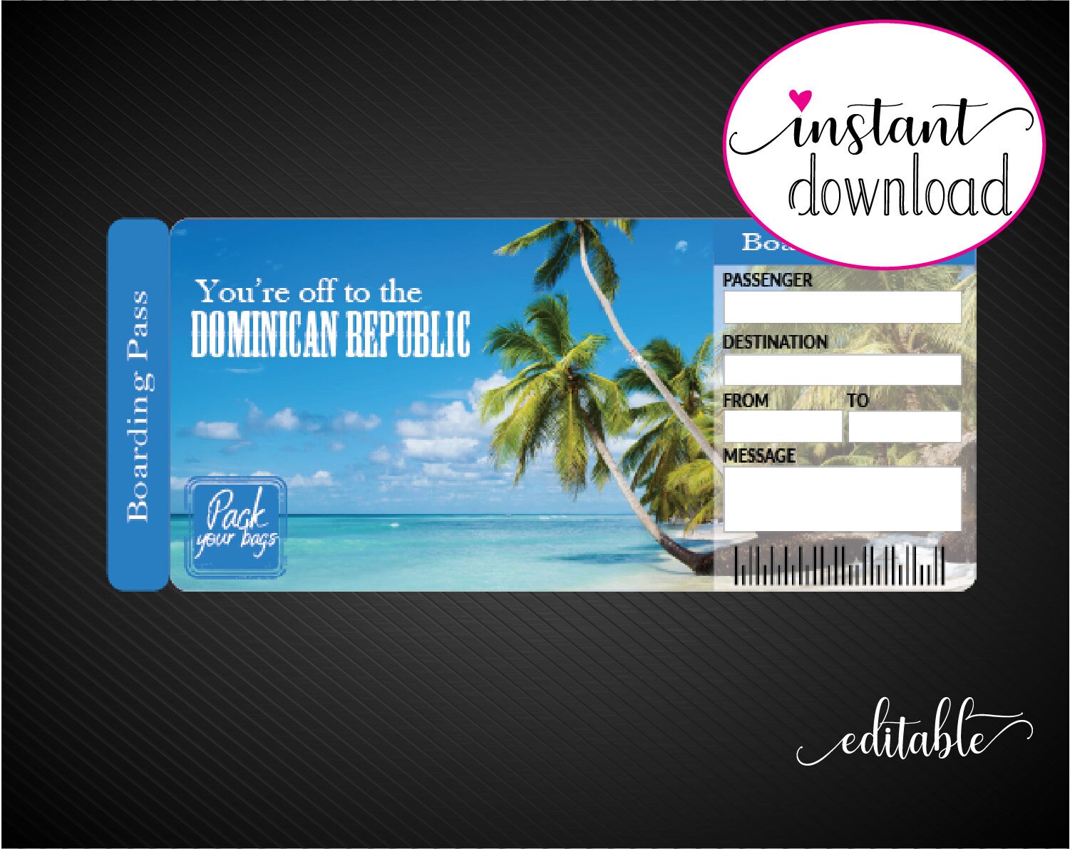 Printable DOMINICAN REPUBLIC Surprise Trip Gift Ticket. Boarding Pass ...