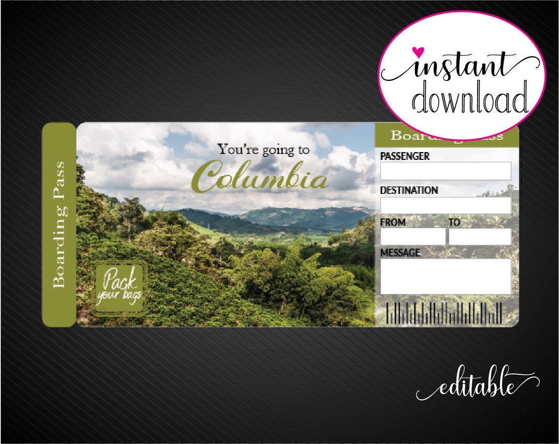 Printable COLUMBIA Surprise Trip Gift Ticket. Boarding Pass. Trip ...