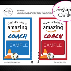 Printable SOCCER COACH Appreciation Amazon Gift Card Holder. 6 Colors ...