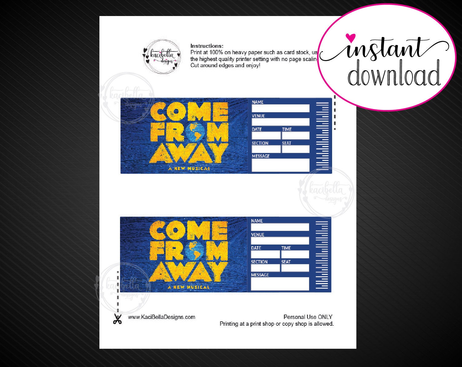 Printable COME FROM AWAY Broadway Surprise Ticket. Editable - Etsy