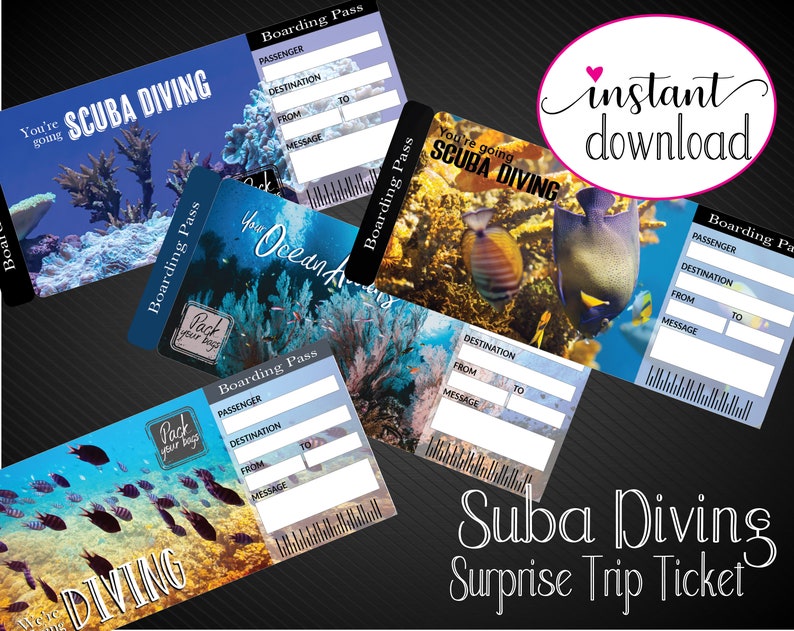 Printable SCUBA DIVING Surprise Trip Gift Ticket. Trip Ticket. Vacation ...
