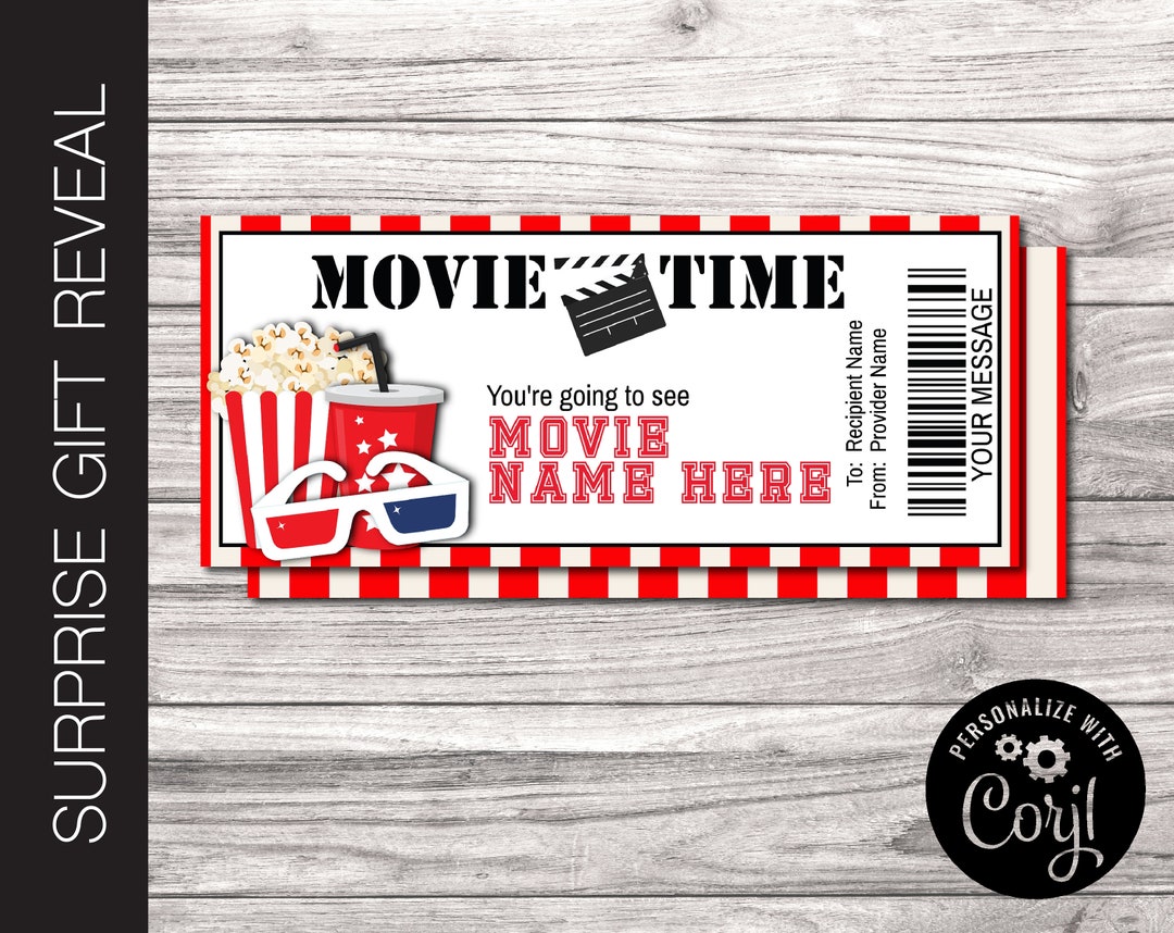 Editable MOVIE TICKET Surprise Gift Reveal Coupon. Subscription Ticket ...