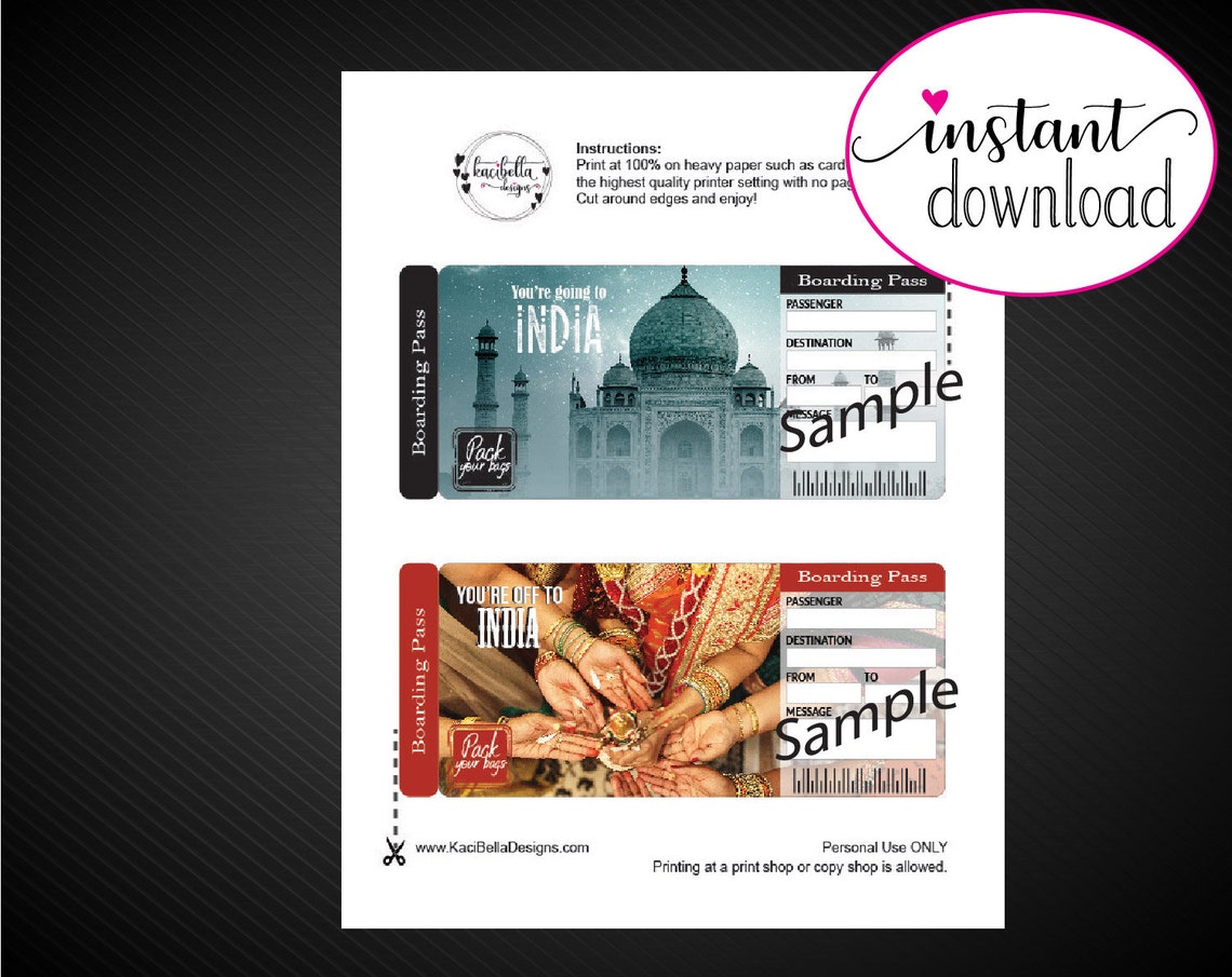 Printable INDIA Surprise Trip Gift Ticket. Boarding Pass. Trip - Etsy