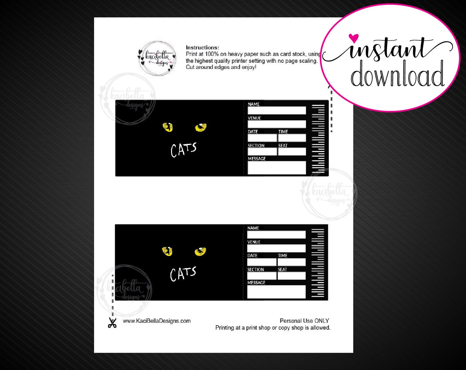 Printable CATS Broadway Surprise Ticket. Editable Musical Theatre Faux ...