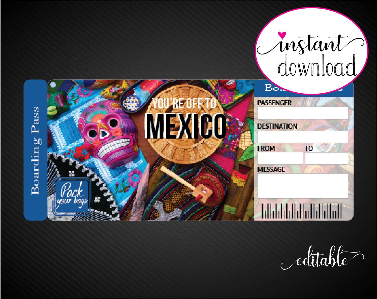 Printable MEXICO Surprise Trip Gift Ticket. Boarding Pass. Printable ...