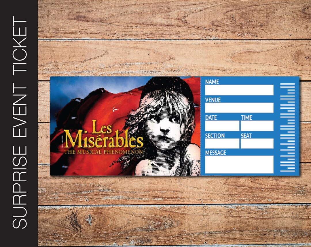 Printable LES MISERABLES Broadway Surprise Ticket. Editable Musical ...