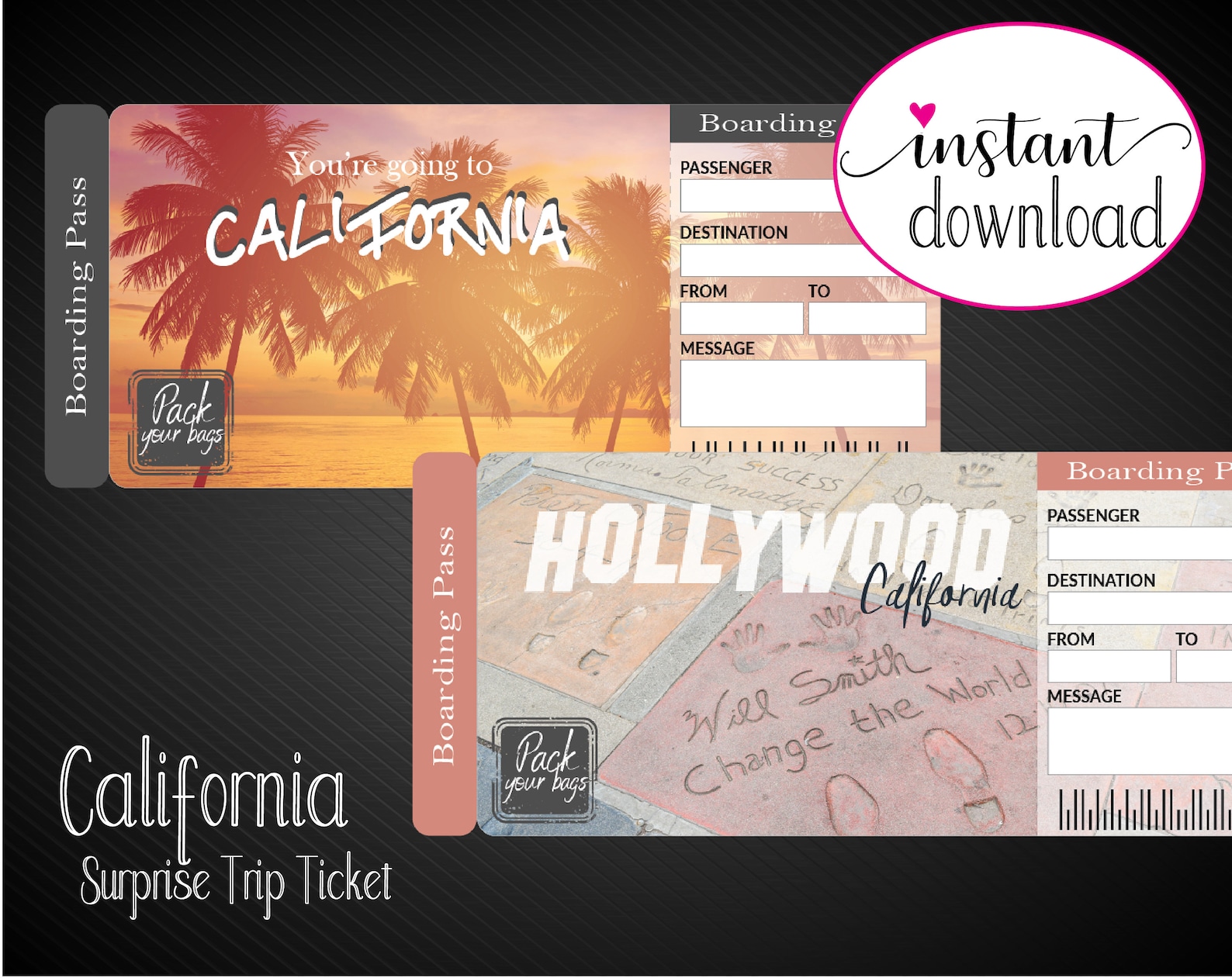 Printable CALIFORNIA Surprise Trip Gift Ticket. Boarding Pass. | Etsy