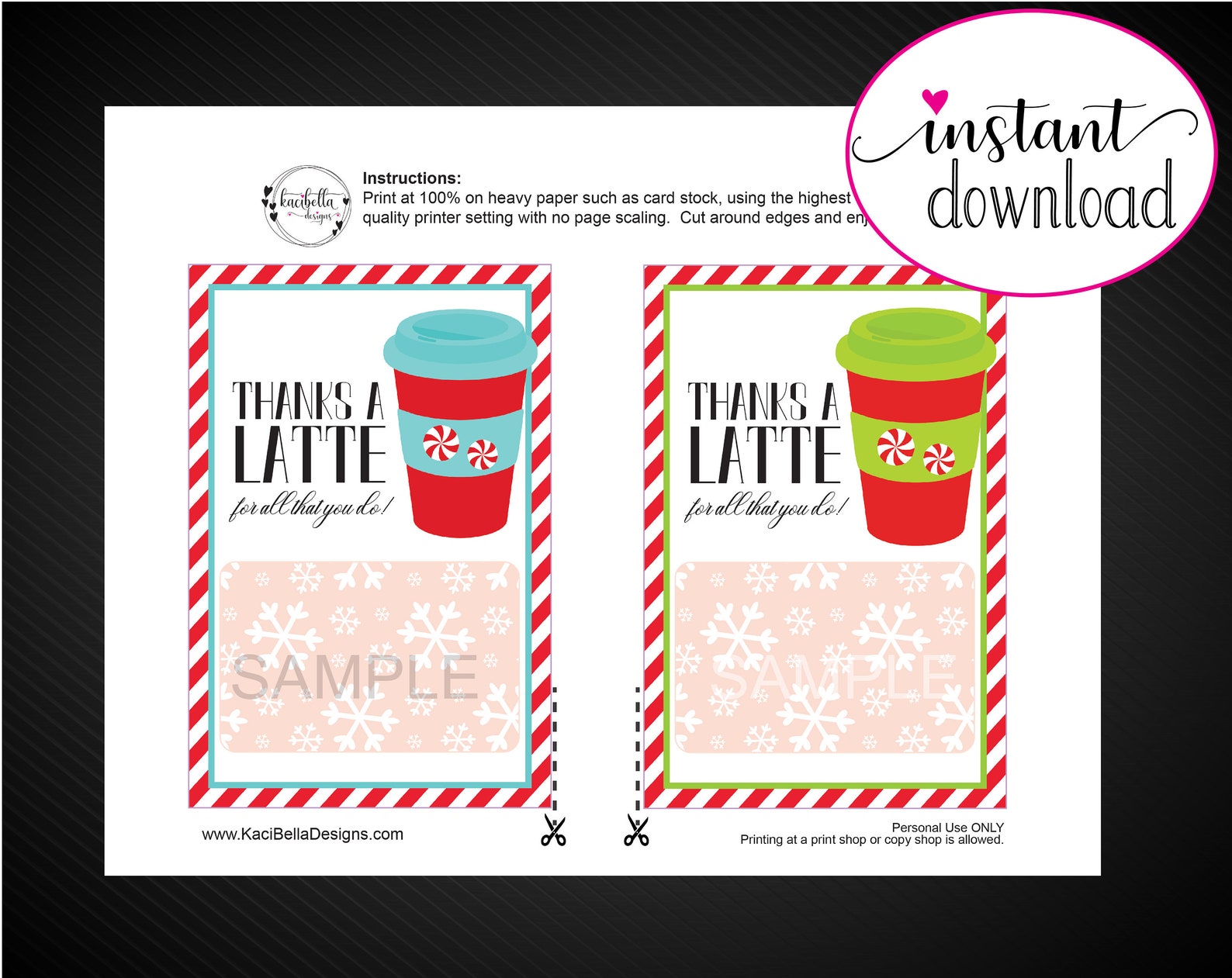 Printable CHRISTMAS Coffee Gift Card Holder. Thanks a Latte | Etsy