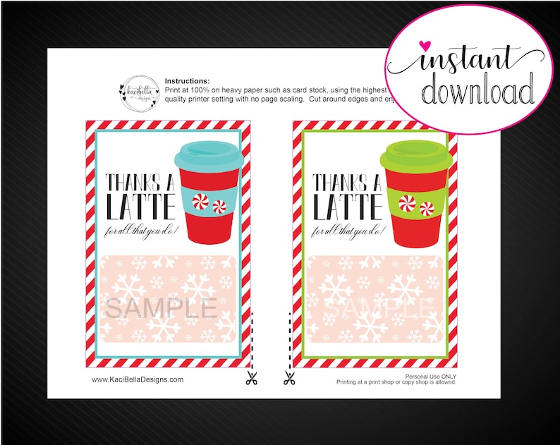 Printable CHRISTMAS Coffee Gift Card Holder. Thanks a Latte! Starbucks ...
