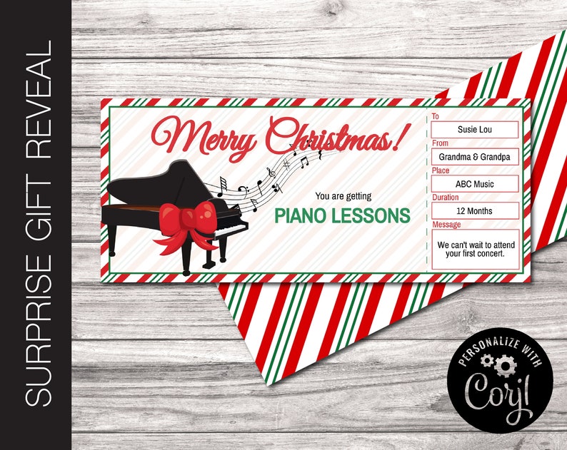 Editable PIANO LESSONS Surprise Gift Reveal Coupon. Holiday | Etsy
