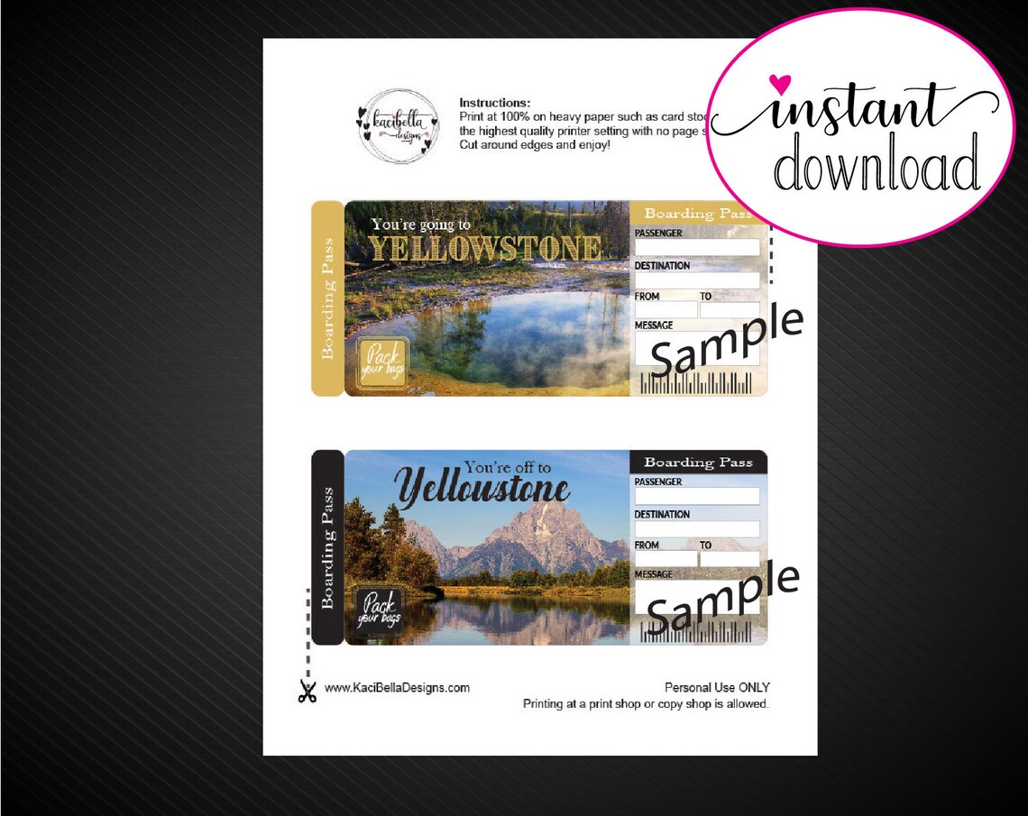 Printable YELLOWSTONE Surprise Trip Gift Ticket. Boarding Pass ...
