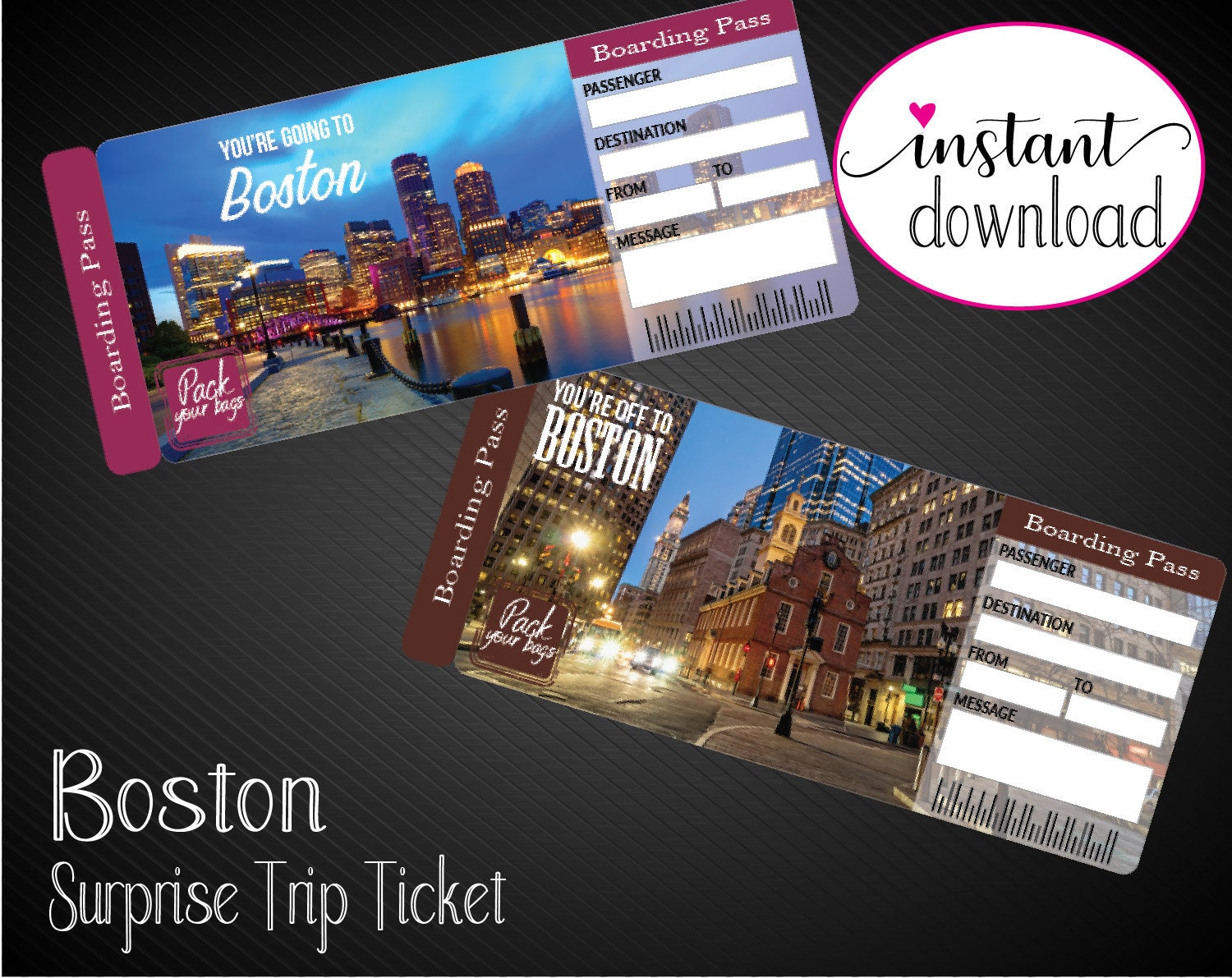 Printable BOSTON Surprise Trip Gift Ticket. Boarding Pass. - Etsy