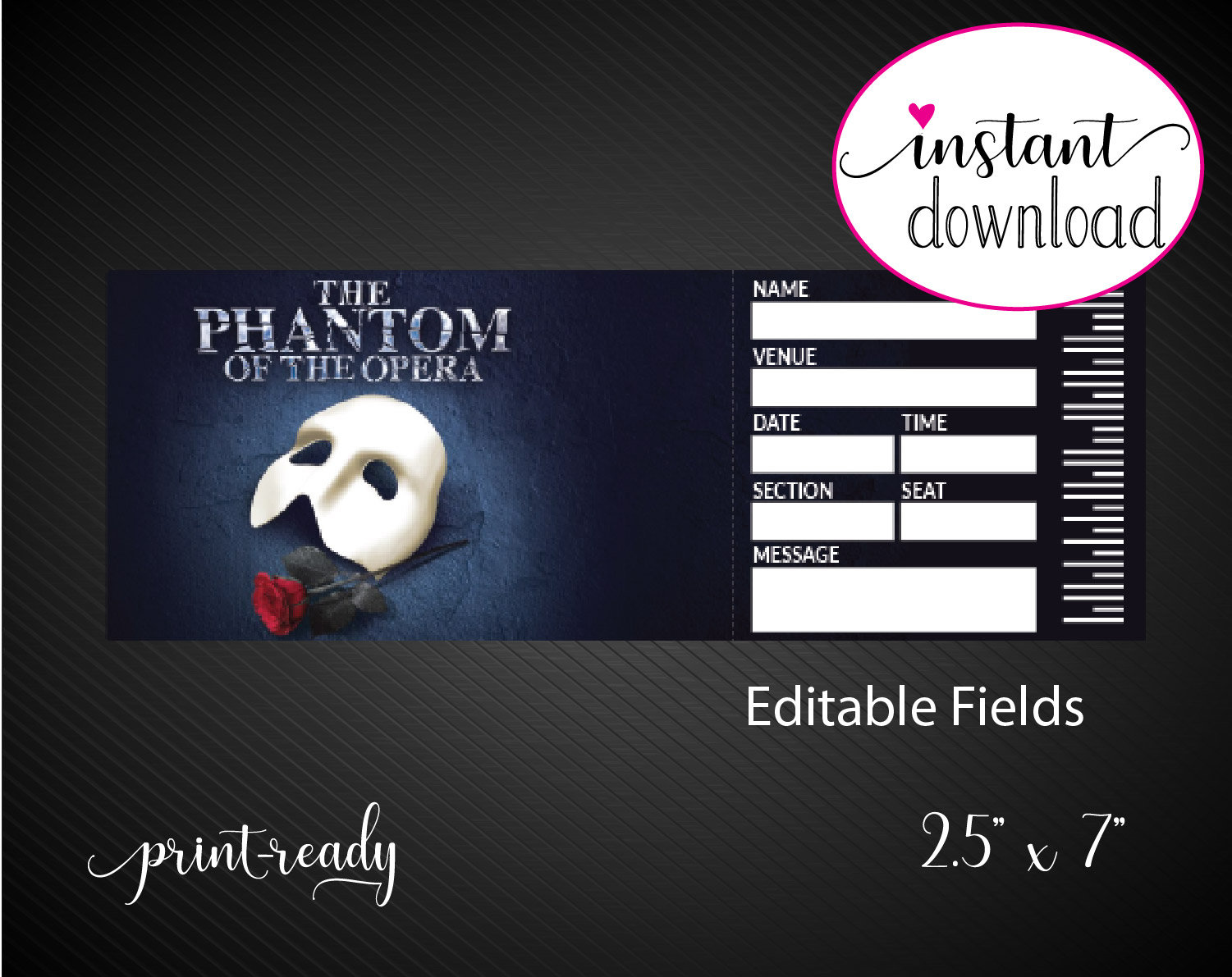 Printable PHANTOM of the OPERA Broadway Surprise Ticket. Editable ...
