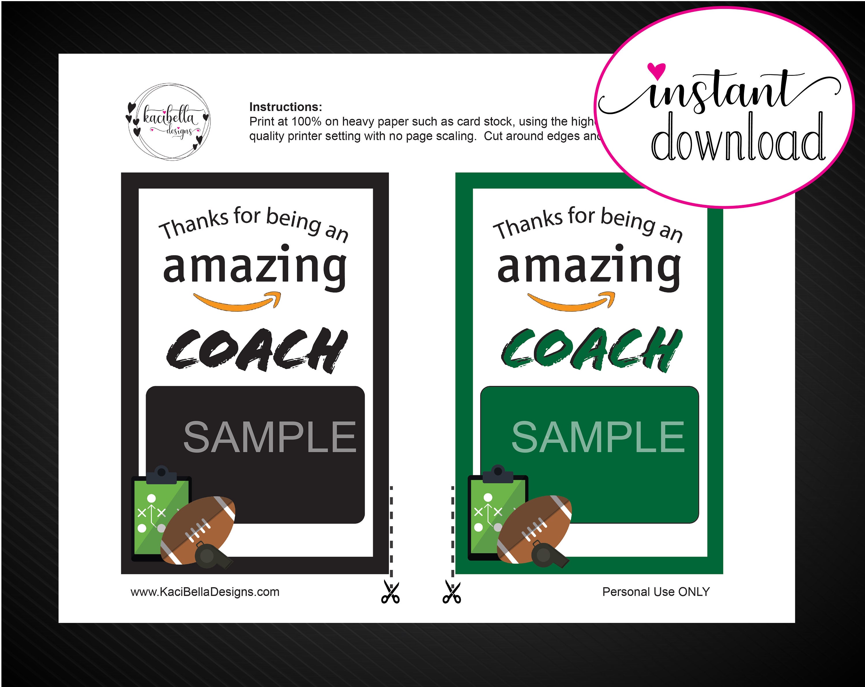Printable FOOTBALL COACH Amazon Appreciation Gift Card Holder. 6 Colors ...