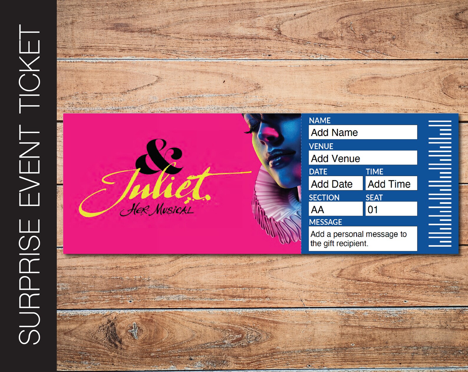 Printable JULIET Broadway Surprise Ticket. Editable Musical Theatre ...