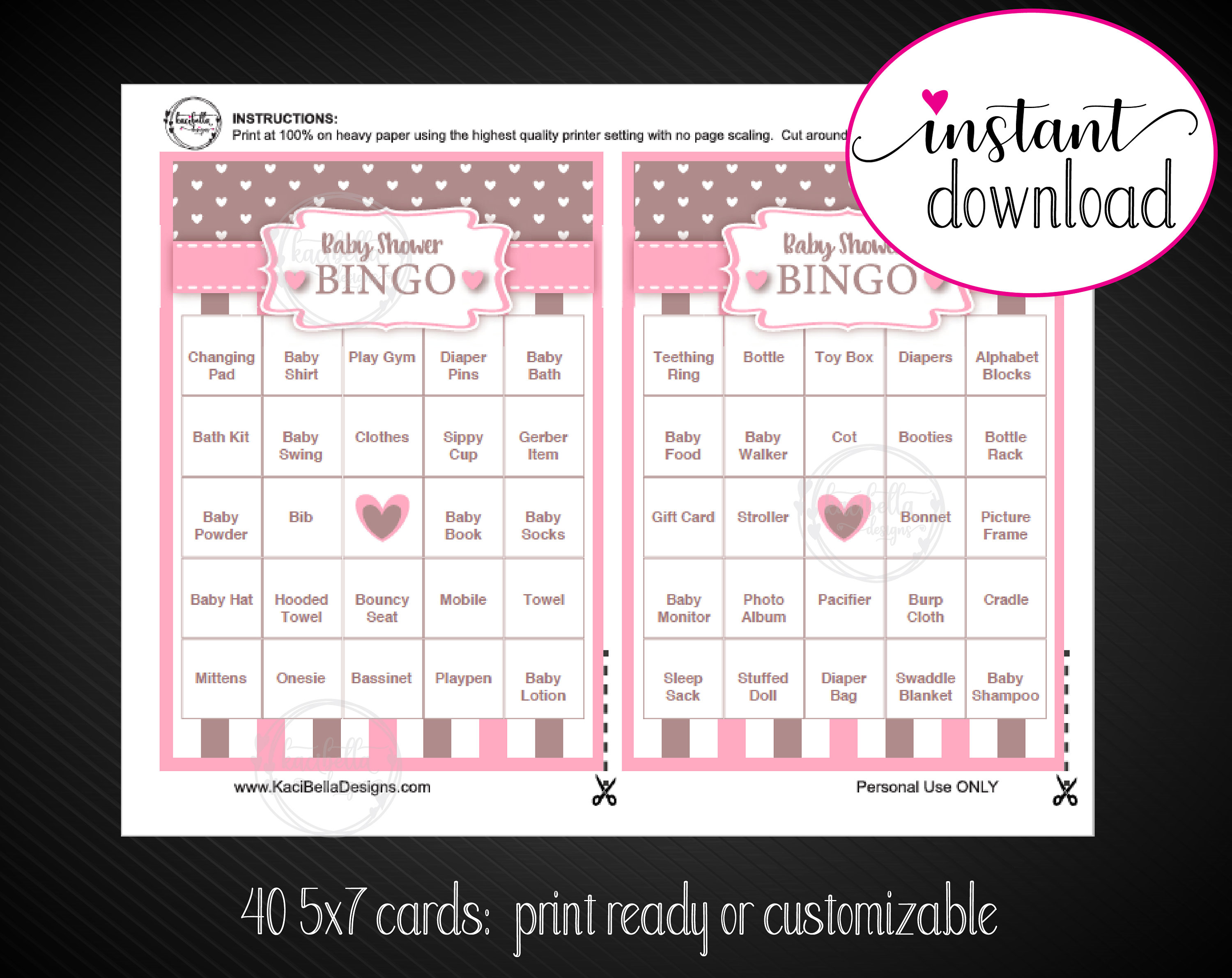 Printable BABY SHOWER Bingo Game. Pink and Brown Baby Girl. 40 | Etsy