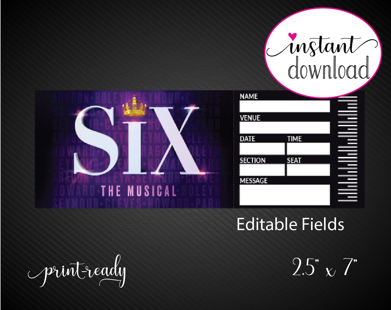 Printable SIX Broadway Surprise Ticket. Editable Musical Theatre Faux ...