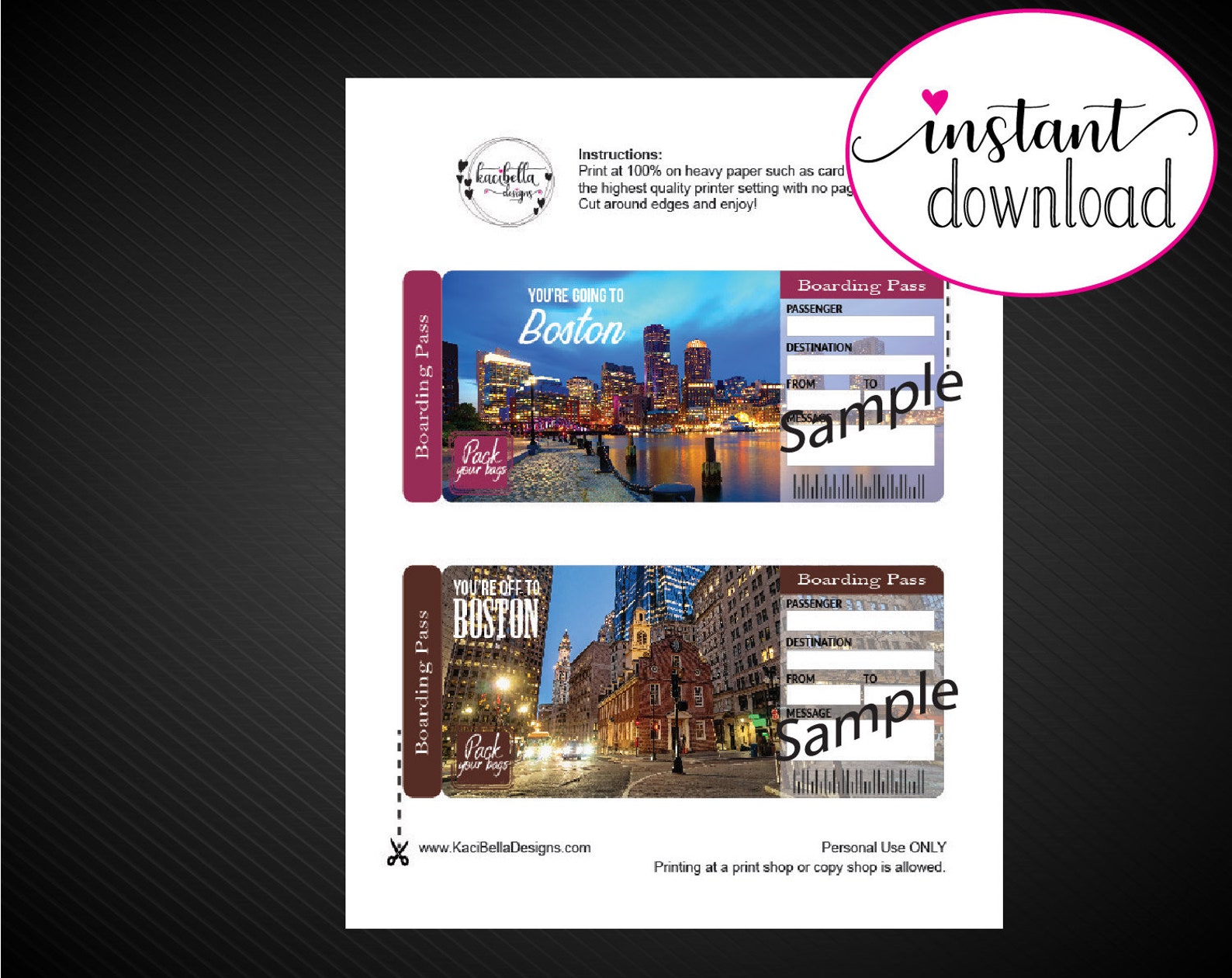 Printable BOSTON Surprise Trip Gift Ticket. Boarding Pass. Trip Ticket ...