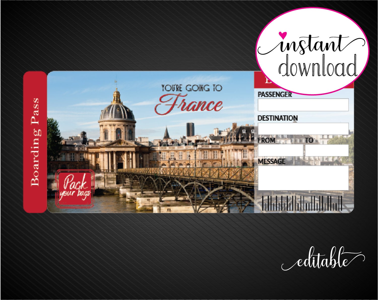 Printable FRANCE Surprise Trip Gift Ticket. Boarding Pass. | Etsy