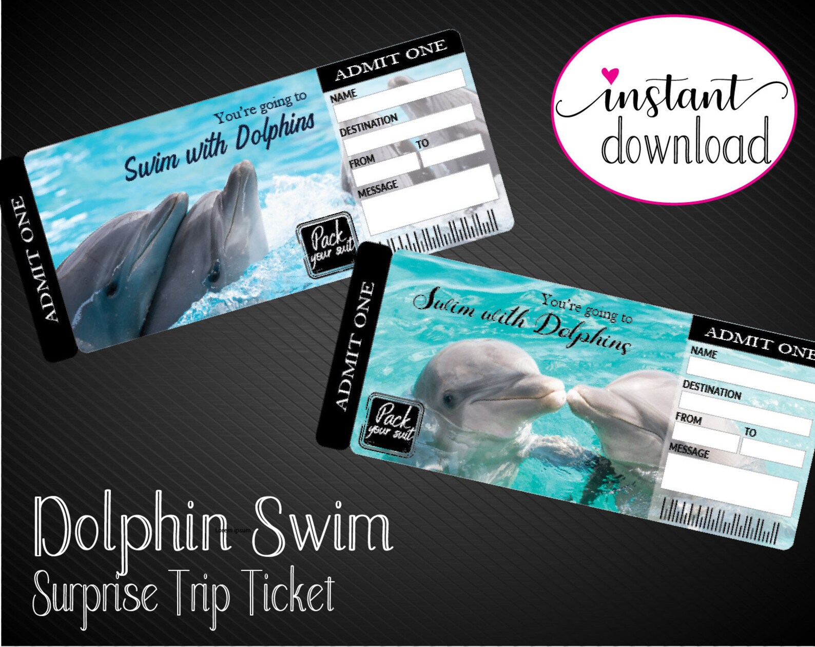 Printable SWIM With DOLPHINS Surprise Trip Tickets. Vacation Ticket ...