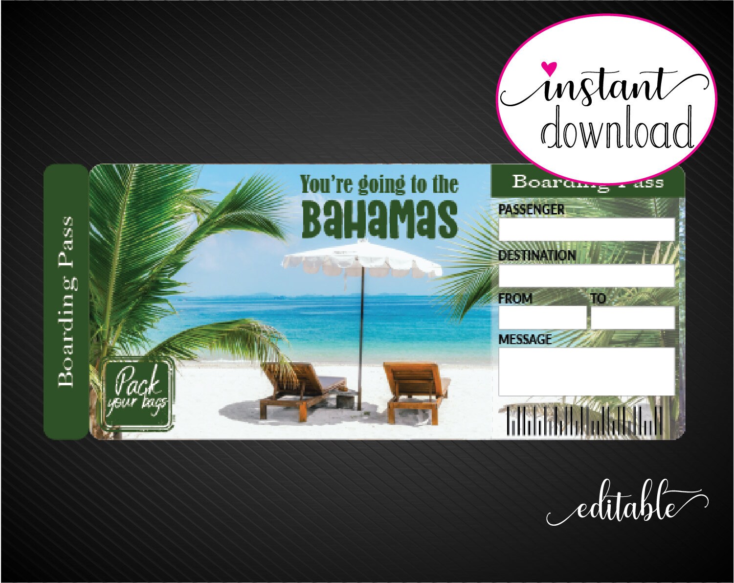 Printable BAHAMAS Surprise Trip Gift Ticket. Boarding Pass. Ticket ...